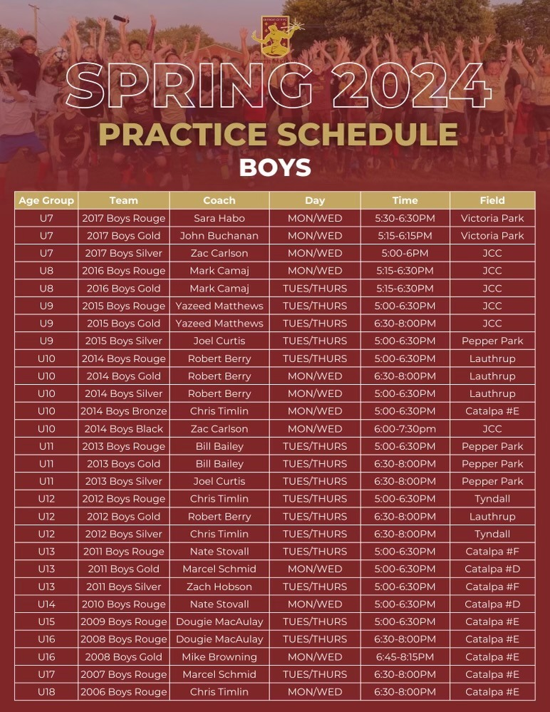 SPRING 2024 PRACTICE SCHEDULES