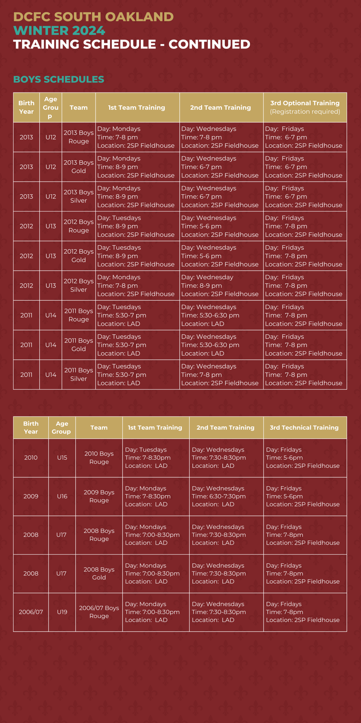 WINTER 2024/25 TRAINING SCHEDULES